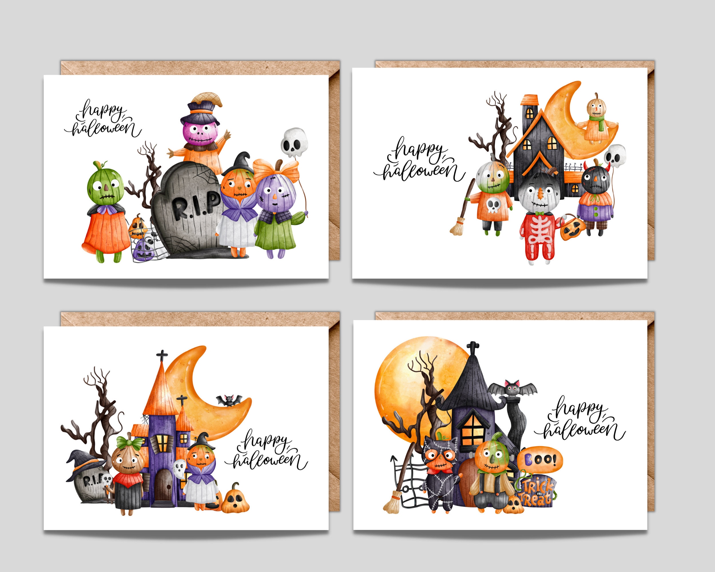 Halloween Card Printable, 8 Halloween Cards Set, Happy Halloween Card ...