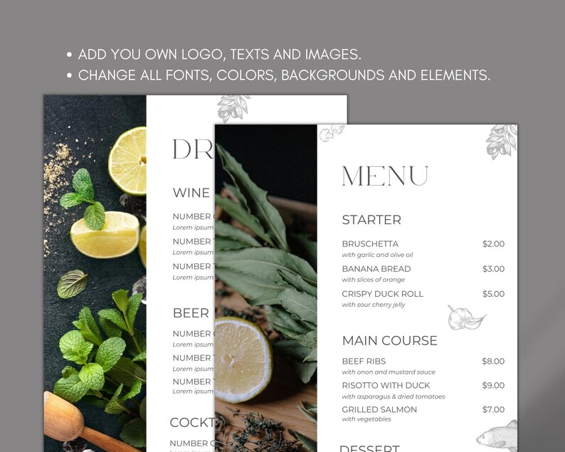 Editable Restaurant Menu Template Minimalistic Food Menu Etsy