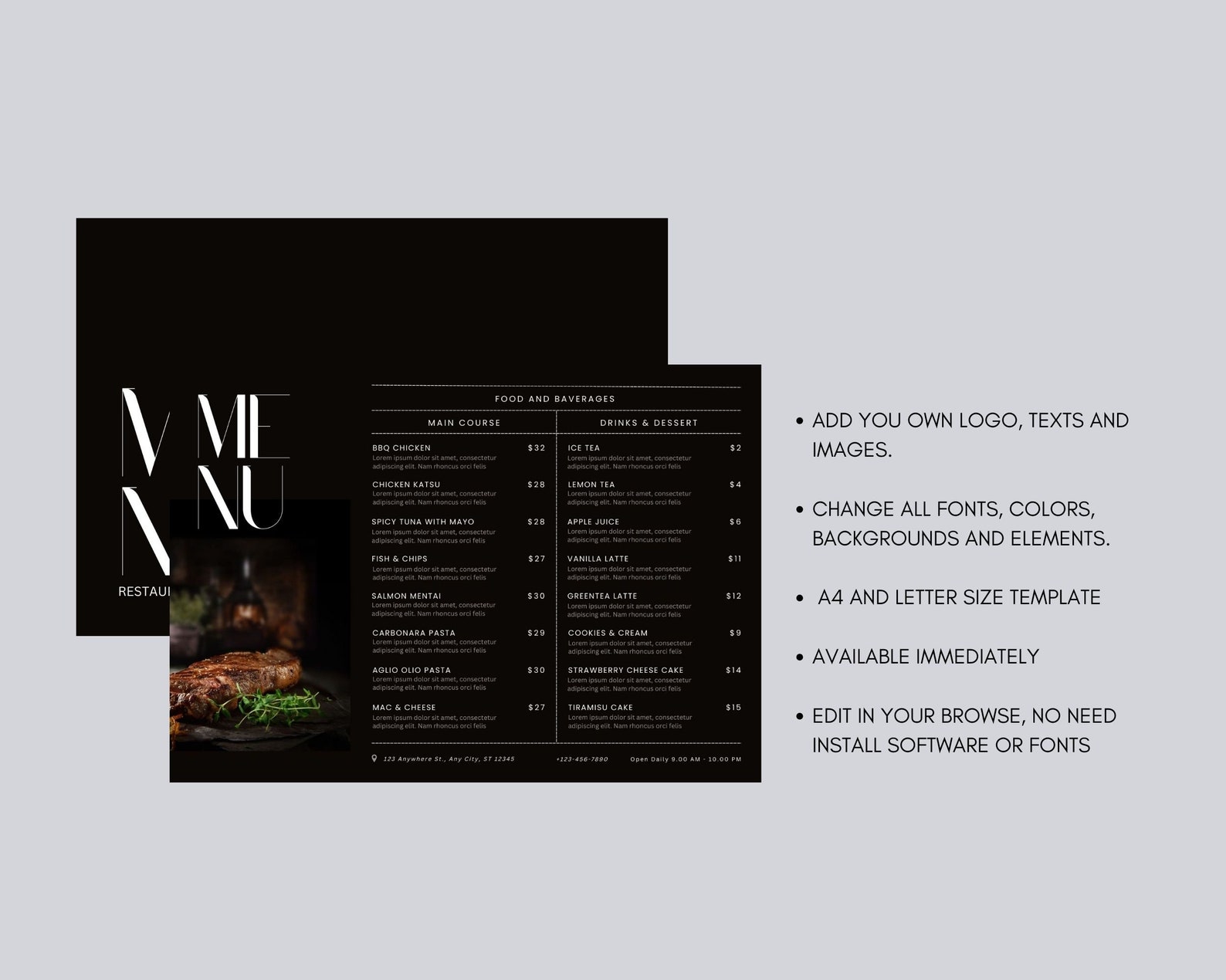 Restaurant Menu Template, Editable Food Menu Template, Restaurant Price ...
