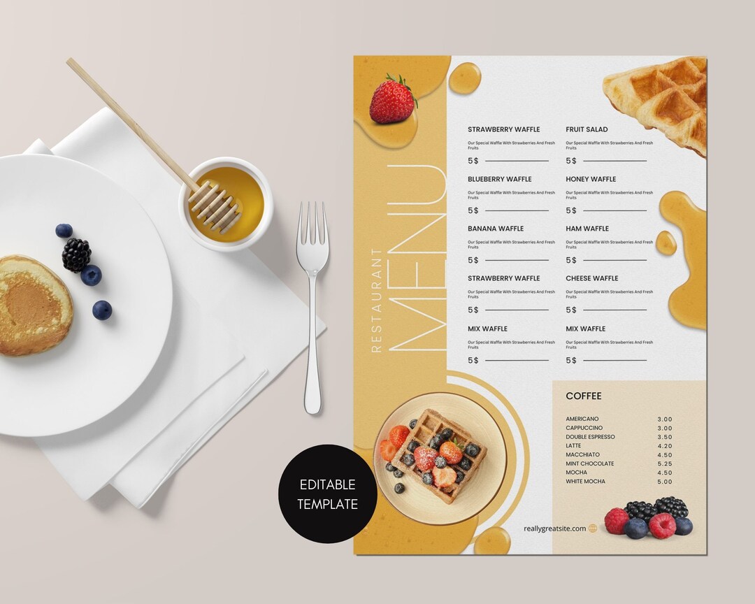 Waffle Shop Pricelist Menu Template, Editable Menu Template, Waffle ...