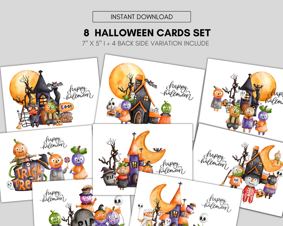 Halloween Card Printable, 8 Halloween Cards Set, Happy Halloween Card ...