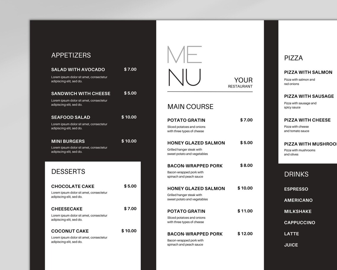 Restaurant Menu Template, Editable Food Menu Template, Restaurant Menu ...