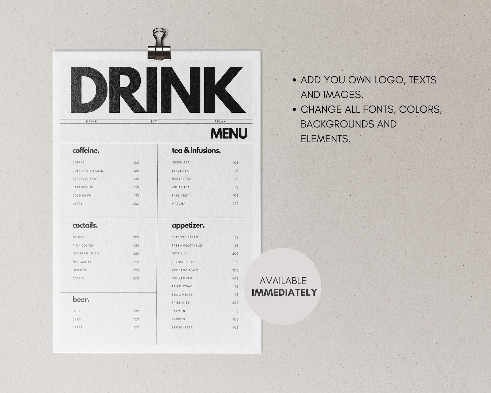 Bar Menu Template, Menu Card, Printable Menu Template, Editable Bar ...