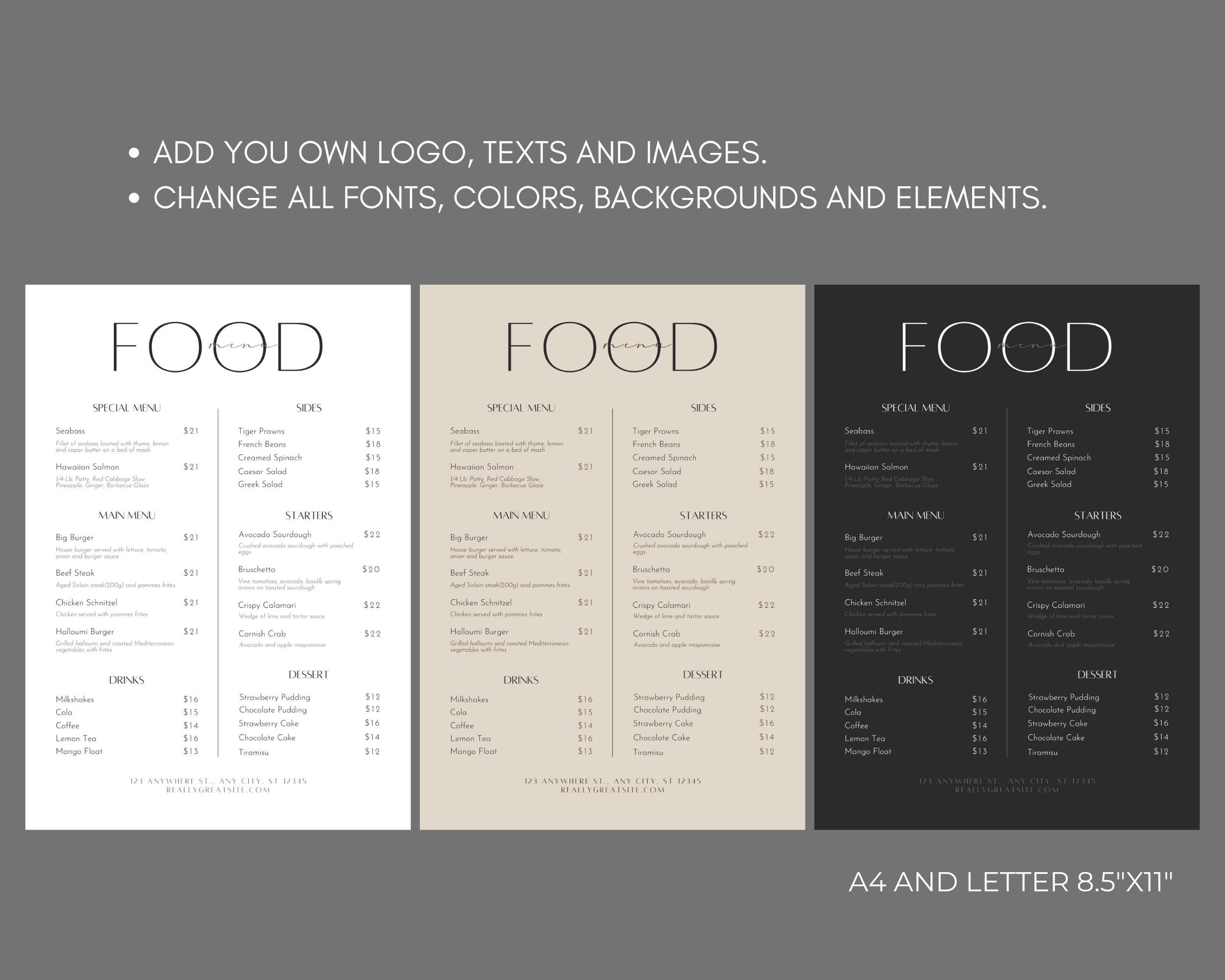 Restaurant Menu Template, Food Menu Template, Editable Restaurant Food ...