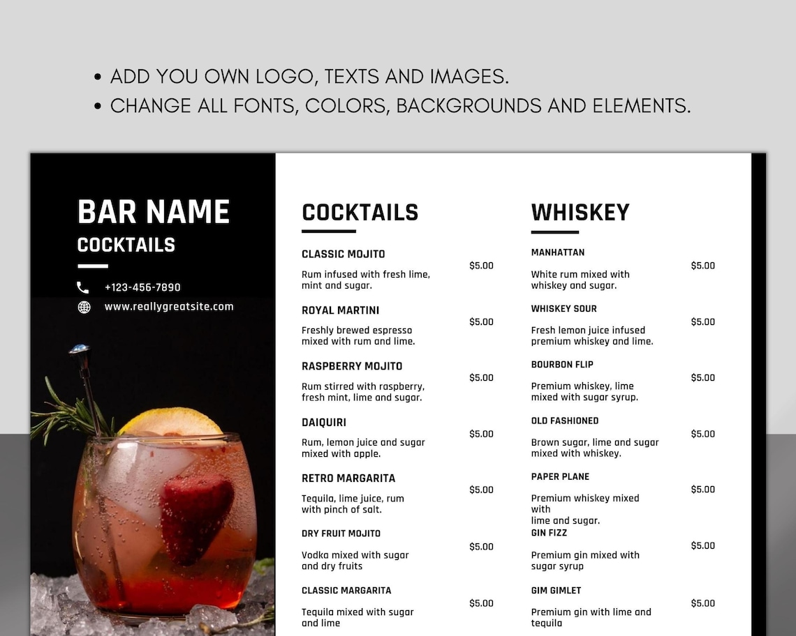 Cocktail Menu Template, Editable Drink Menu Template, Restaurant ...