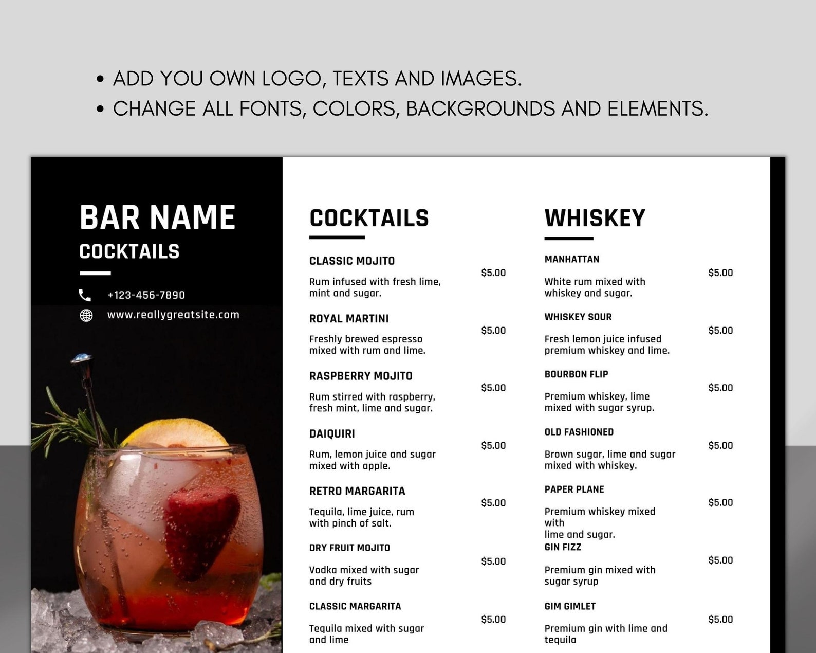 Cocktail Menu Template, Editable Drink Menu Template, Restaurant ...