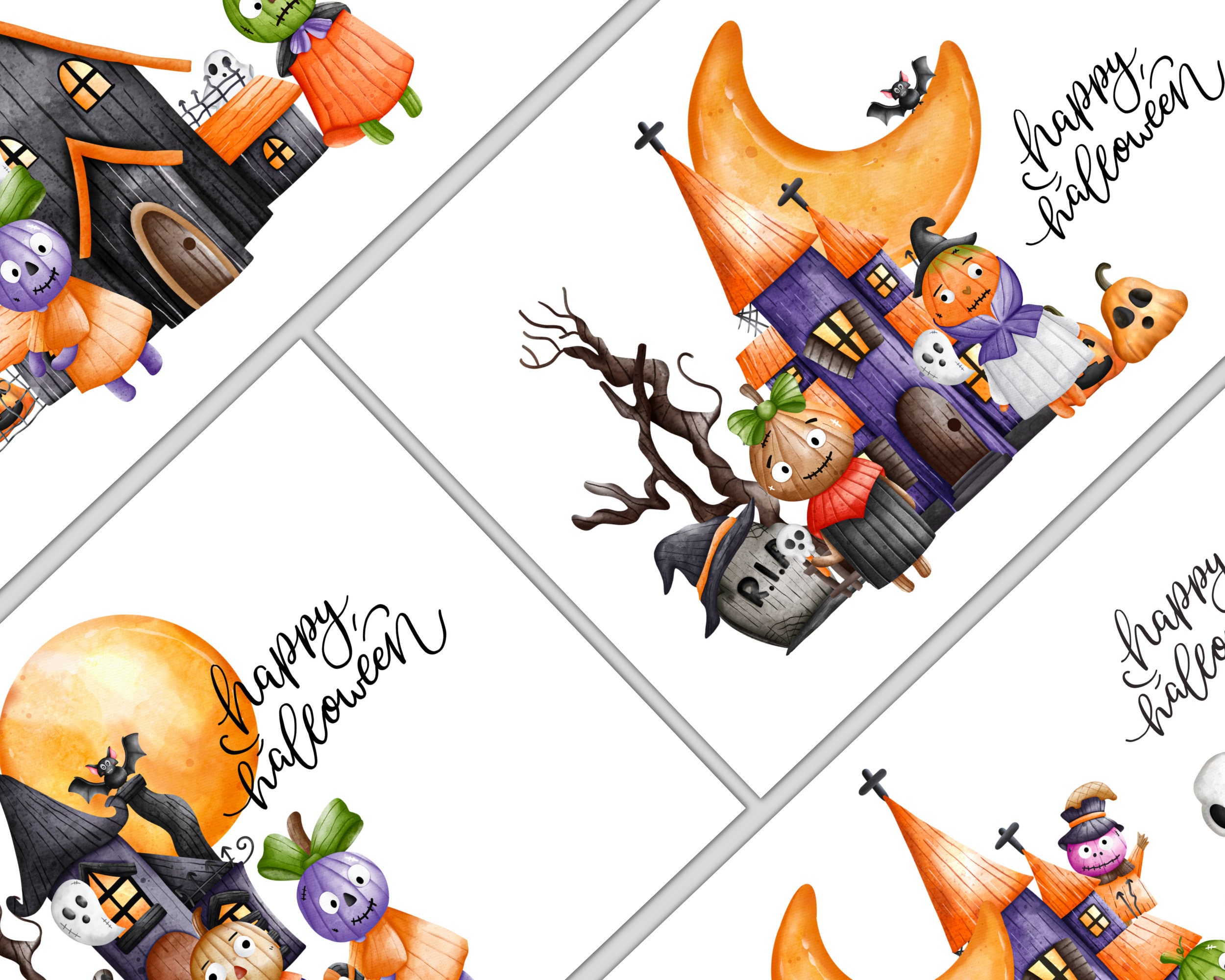 Halloween Card Printable, 8 Halloween Cards Set, Happy Halloween Card ...
