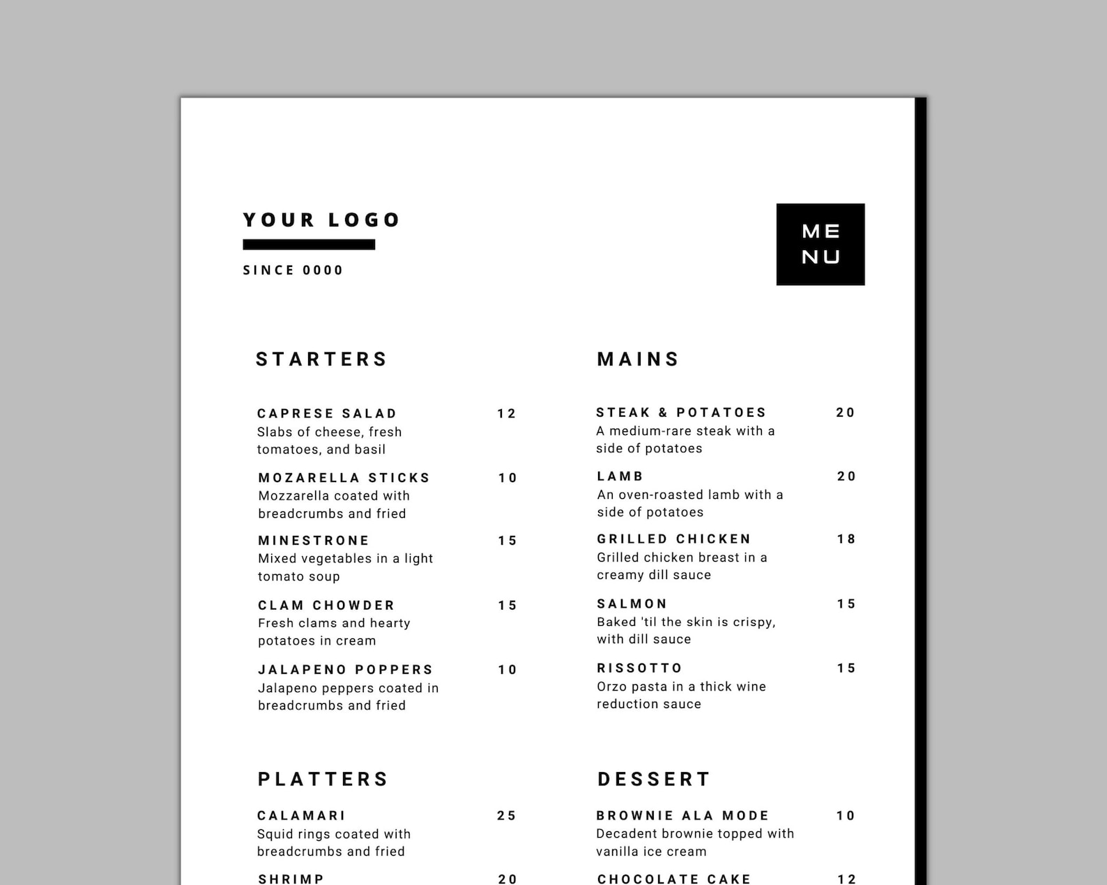 Restaurant Menu Template, Editable Food Menu Template, Restaurant Food ...