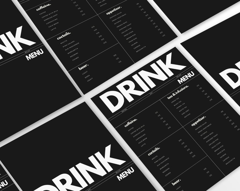 Bar Menu Template, Menu Card, Printable Menu Template, Editable Bar ...