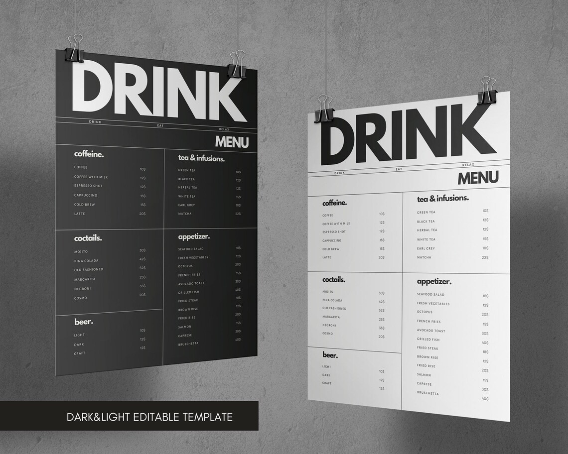 Bar Menu Template, Menu Card, Printable Menu Template, Editable Bar ...