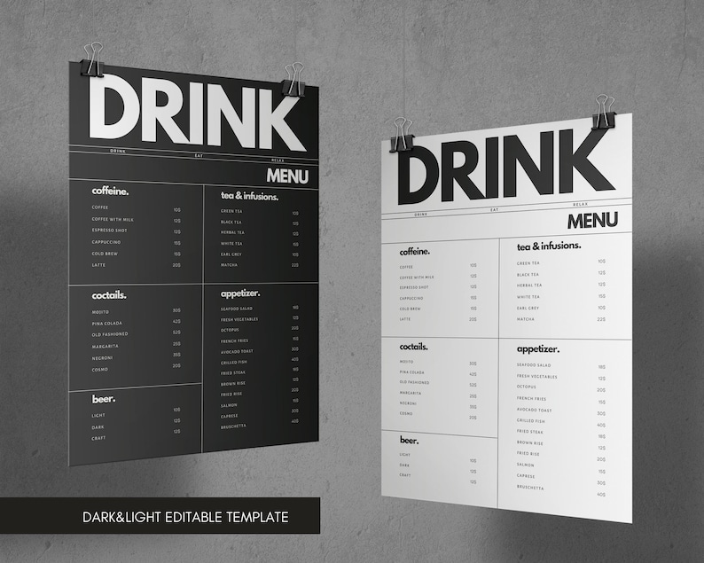 Bar Menu Template, Menu Card, Printable Menu Template, Editable Bar ...
