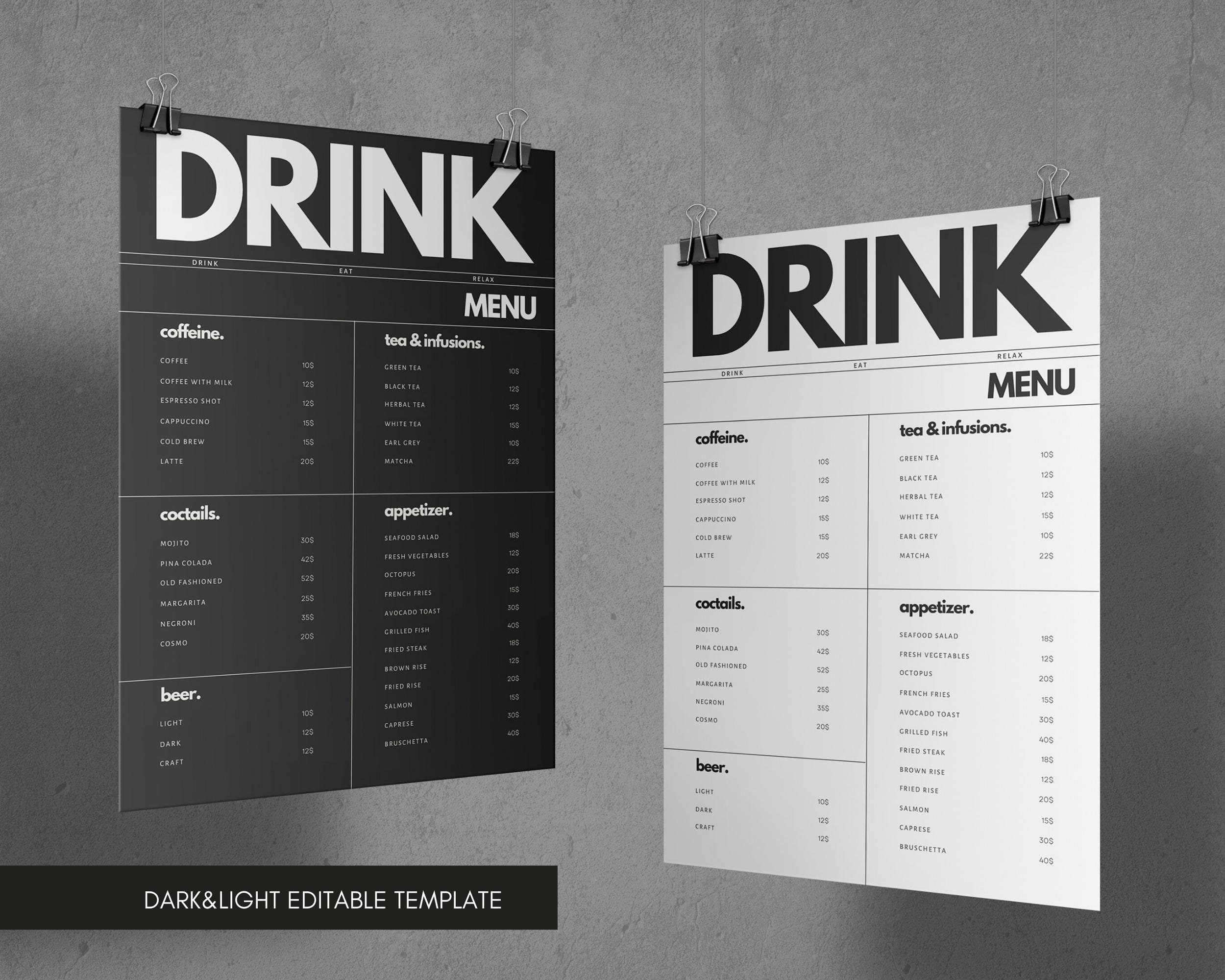 Bar Menu Template, Menu Card, Printable Menu Template, Editable Bar ...