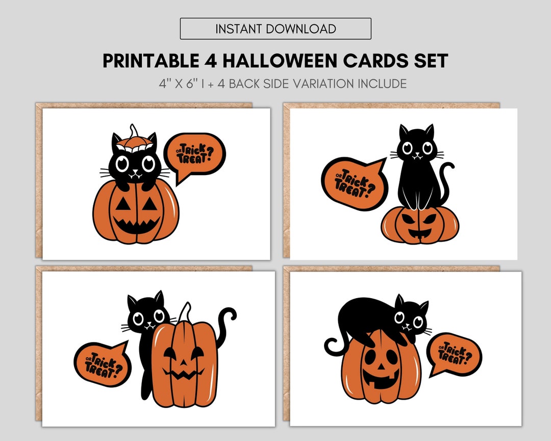 Printable Halloween Cards, Halloween Card Set (4 Cards), Happy ...