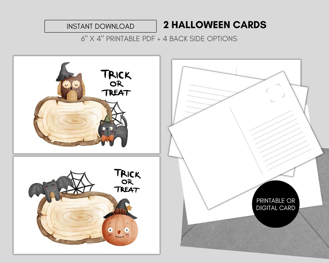 Printable Halloween Cards, 2 Halloween Cards Set, Halloween Cards for ...