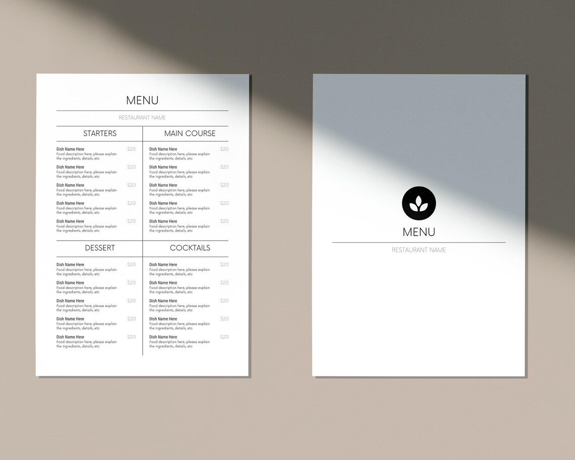 Bar Menu Template, Menu Card, Printable Restaurant Menu Template ...