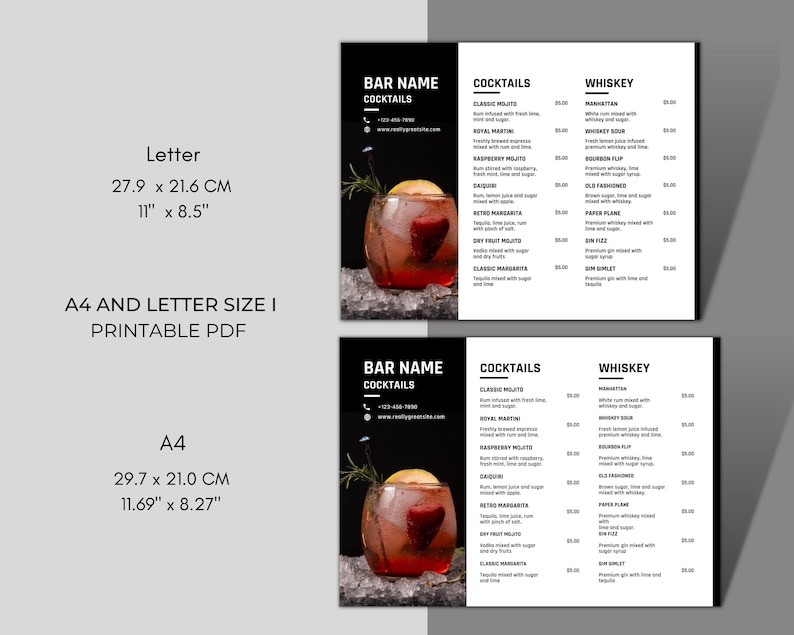 Cocktail Menu Template, Editable Drink Menu Template, Restaurant ...
