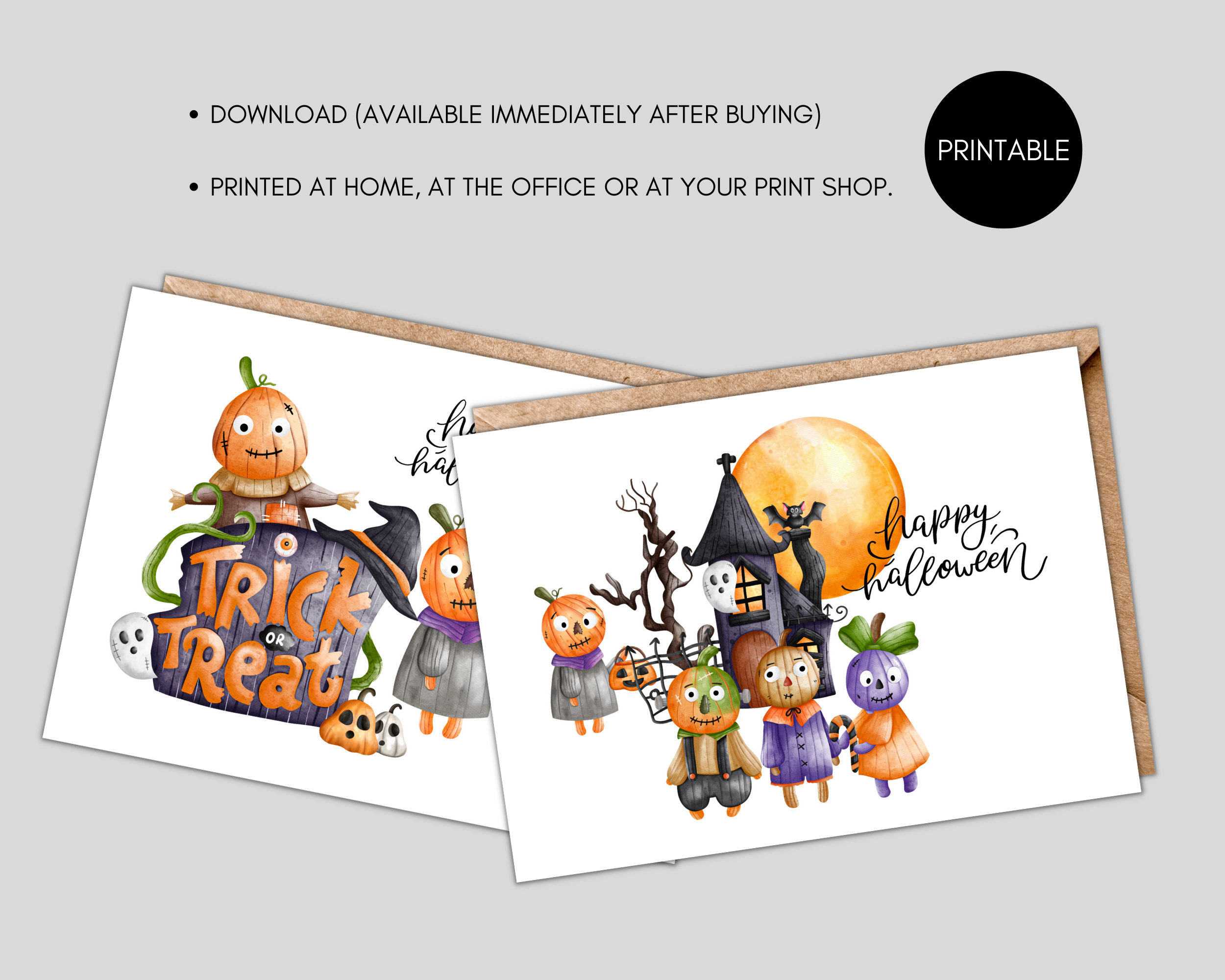 Halloween Card Printable, 8 Halloween Cards Set, Happy Halloween Card ...