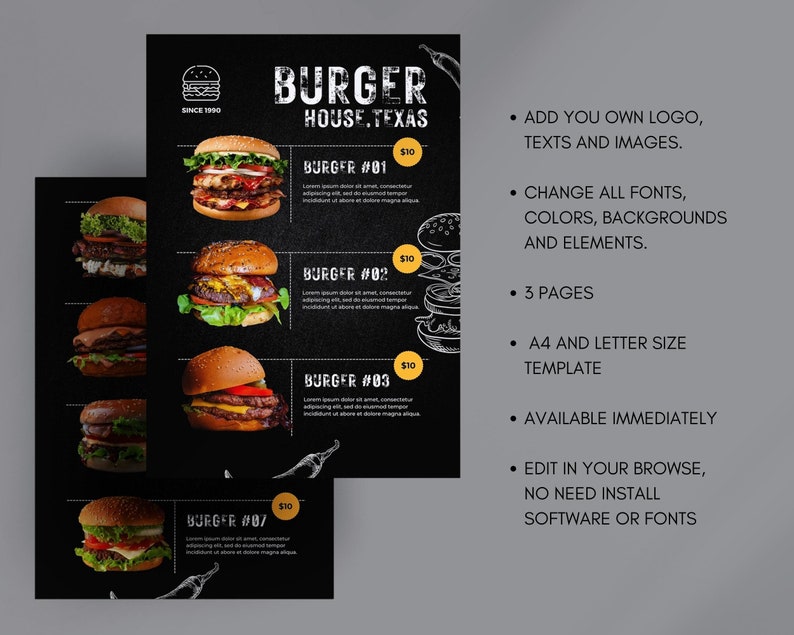 Burger Menu Template, Editable Fast Food Menu Template, Food Menu ...
