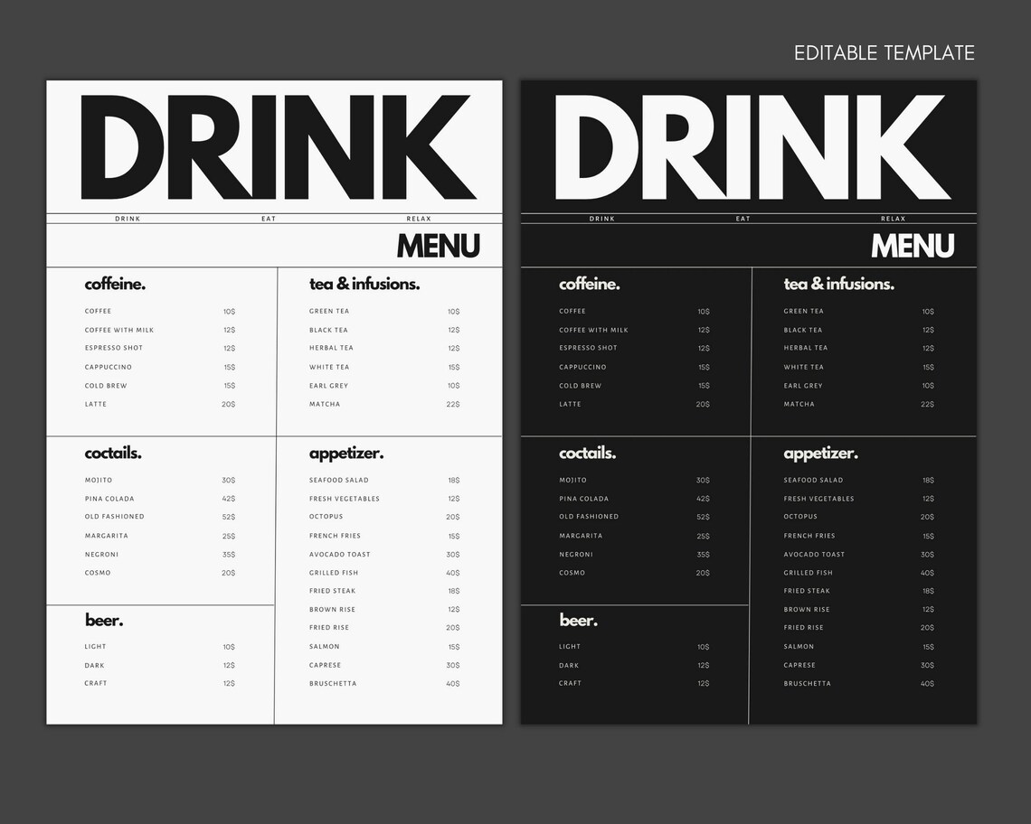 Bar Menu Template, Menu Card, Printable Menu Template, Editable Bar ...