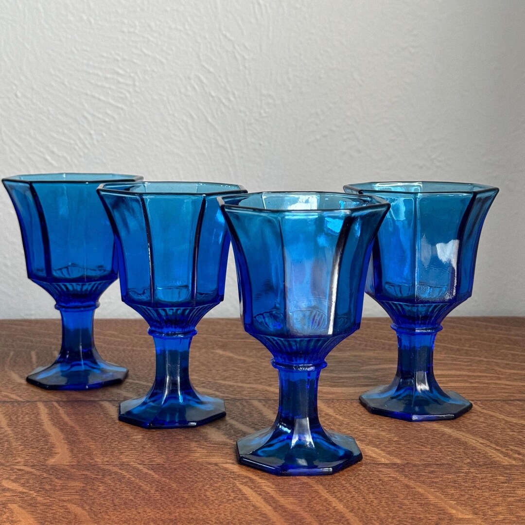Retro Blue Juice Glass Set/ Bright Blue Vintage Stemmed Barware - Etsy