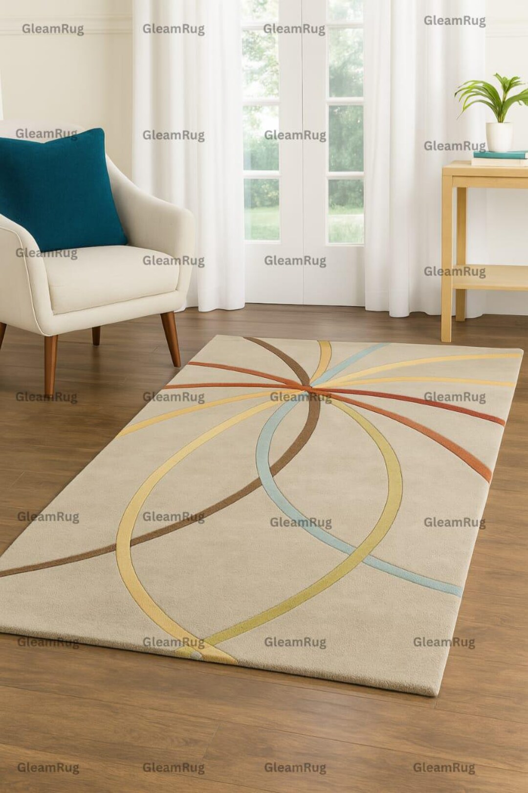 Hand-tufted Abstract Rug: Beige Modern Geometric Rug With Curved Lines ...