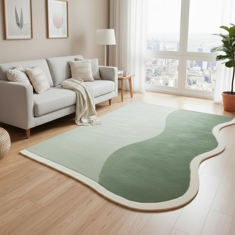 Handmade Wavy Edge Rug | Sage Green & Forest Green | 5x7, 5x8, 6x9 ...