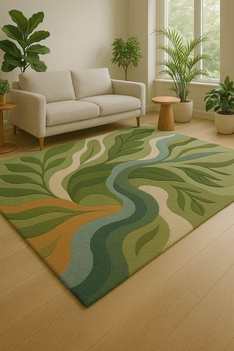 Hand-tufted Nature Rug: Forest Stream Design, Green & Blue 10x14 Area ...