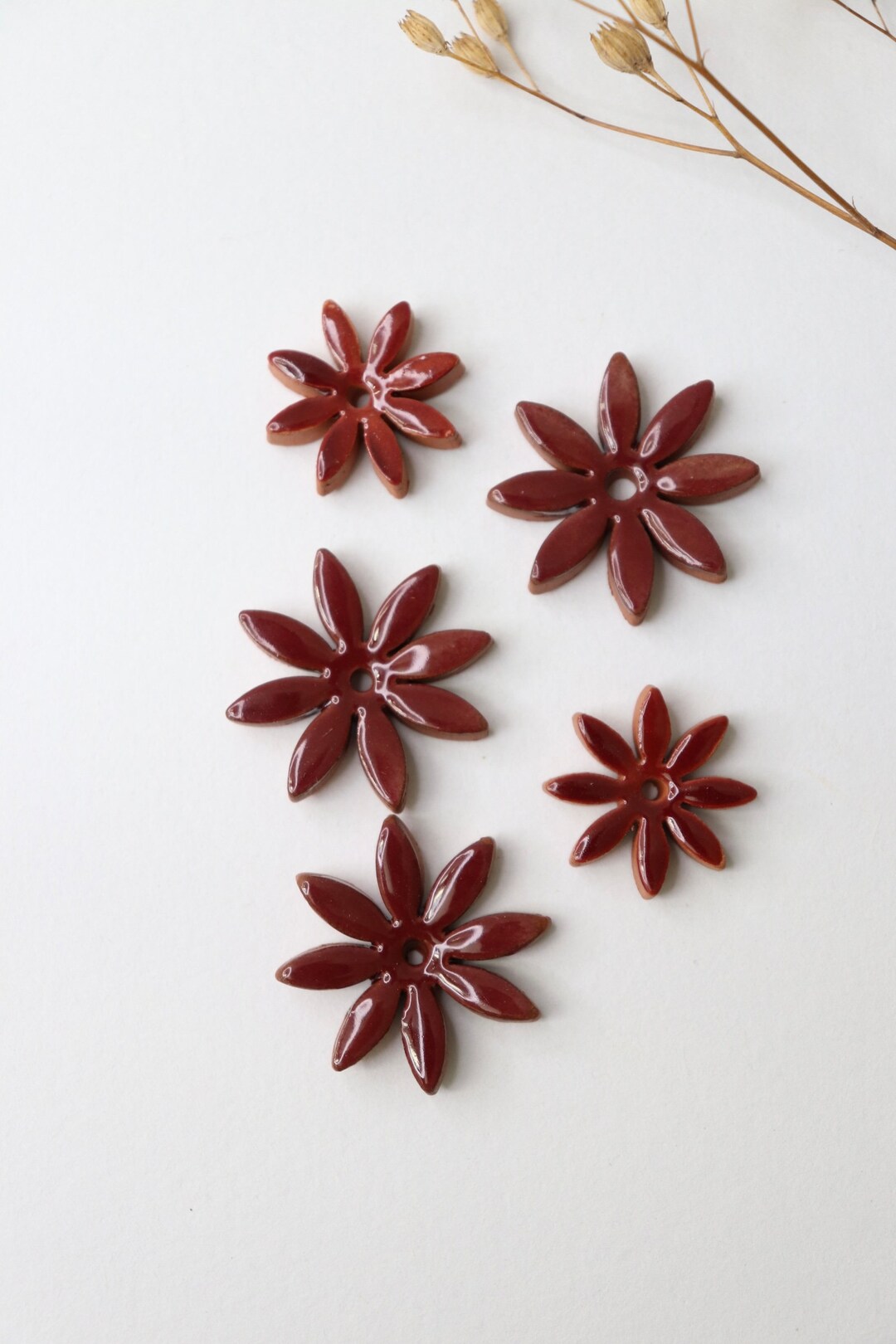 5 Artisan Terracotta Ruby Red Ceramic Flower Tiles - Etsy