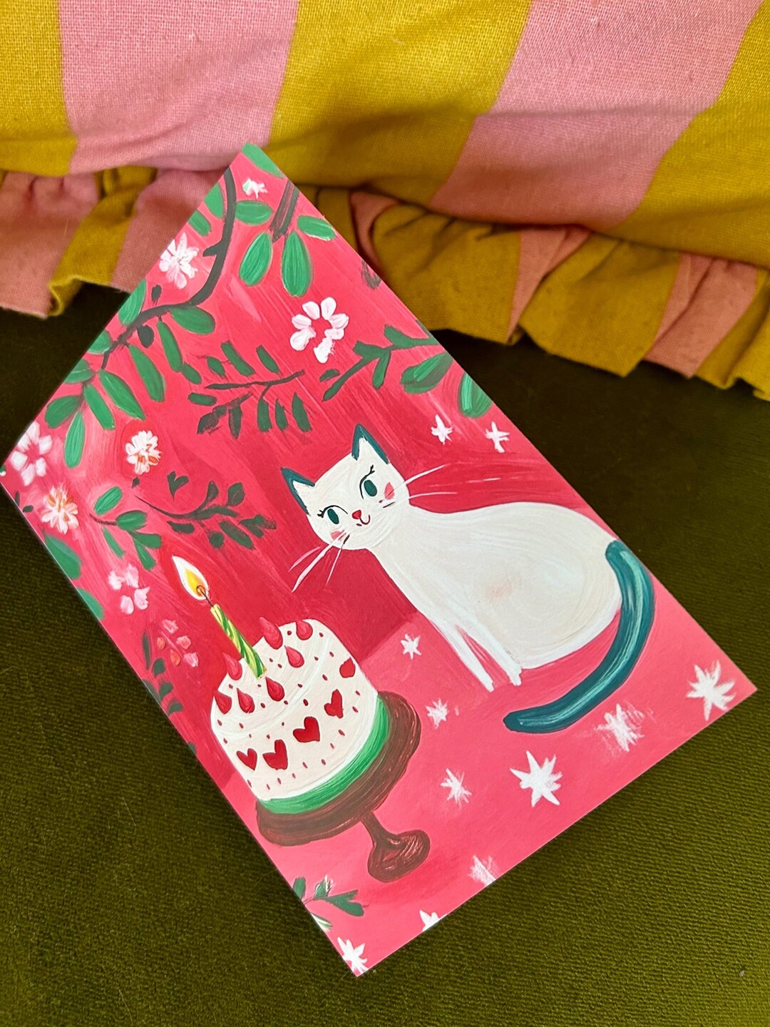 White Cat Birthday Card – A6 Folded Greeting Card With Cake and Hearts ...