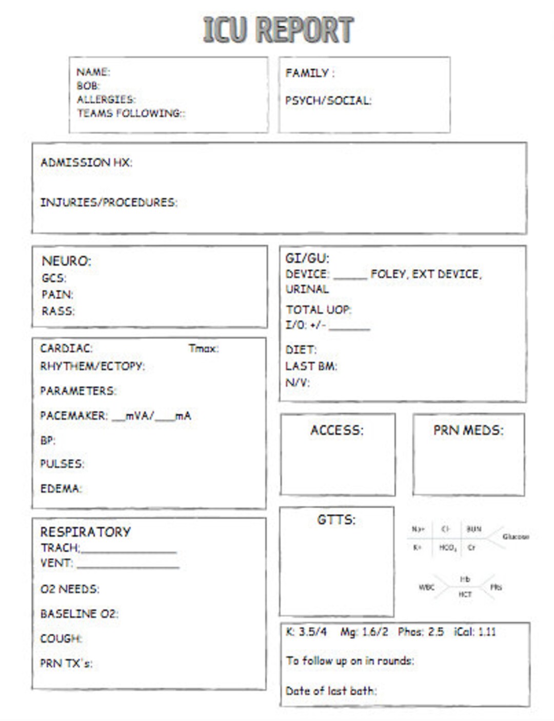 ICU Report Sheet - Etsy