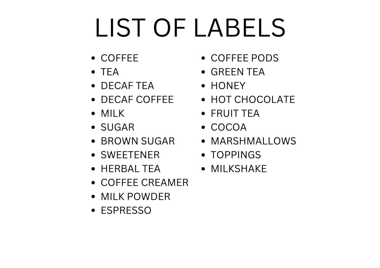 Coffee Corner Printable Labels Hot Drinks Ready to Print Labels A4 Size ...