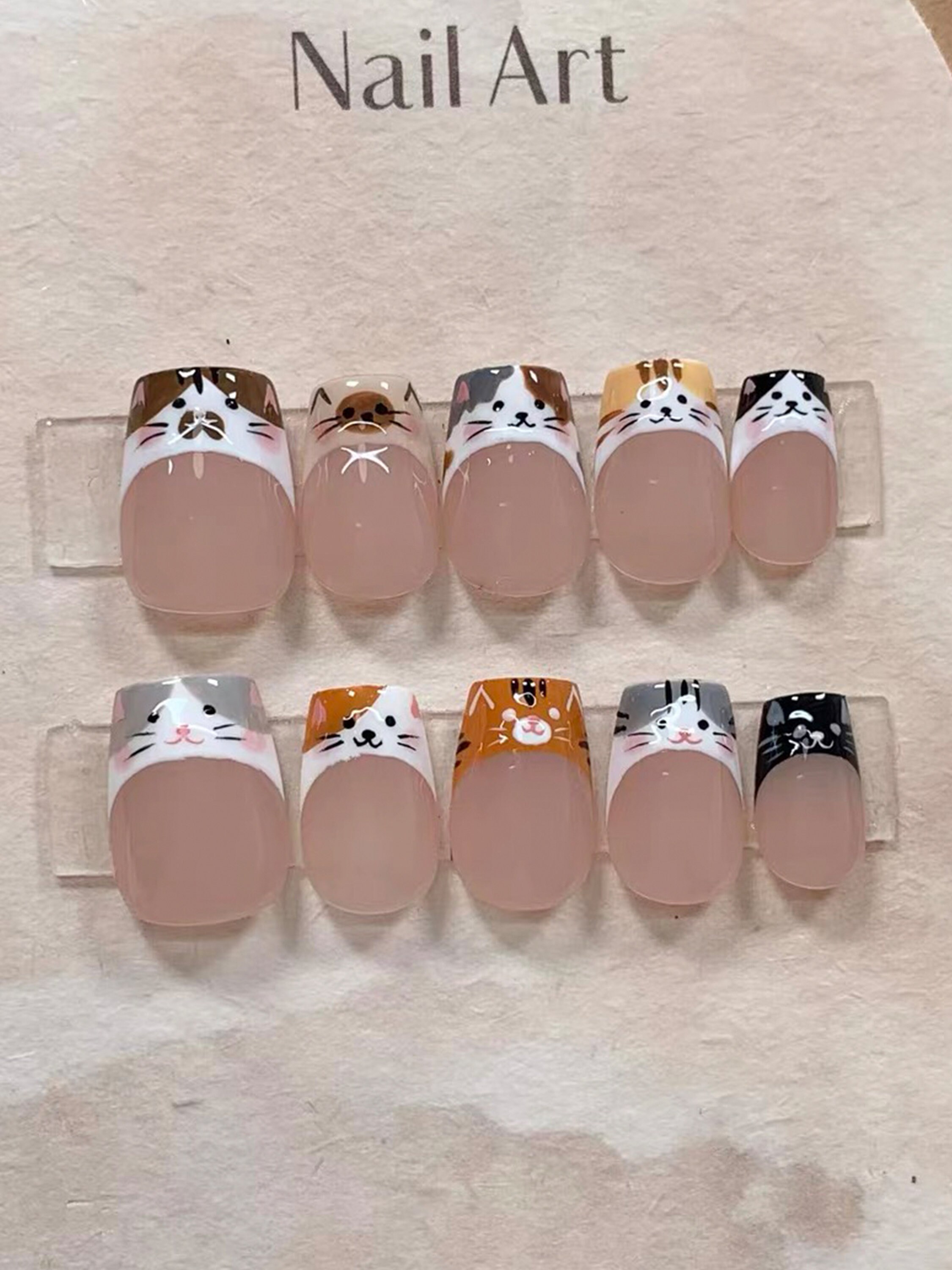 Cute Cat French Pet Press on Nails, Kitten Fake Nails, Luxury Hand-made ...