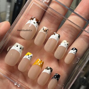 Cute Cat French Pet Press on Nails, Kitten Fake Nails, Luxury Hand-made ...