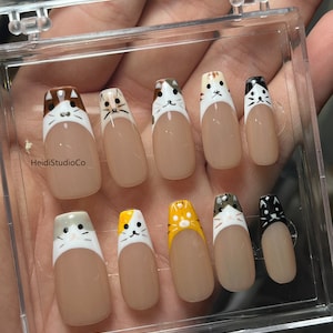 Cute Cat French Pet Press on Nails, Kitten Fake Nails, Luxury Hand-made ...