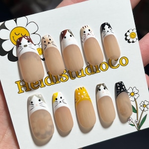 Cute Cat French Pet Press on Nails, Kitten Fake Nails, Luxury Hand-made ...