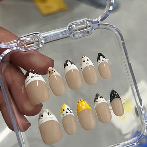 Cute Cat French Pet Press on Nails, Kitten Fake Nails, Luxury Hand-made ...
