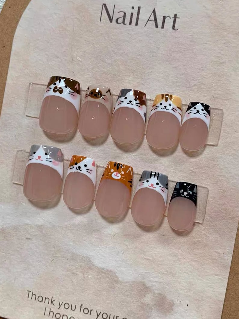 Cute Cat French Pet Press on Nails, Kitten Fake Nails, Luxury Hand-made ...