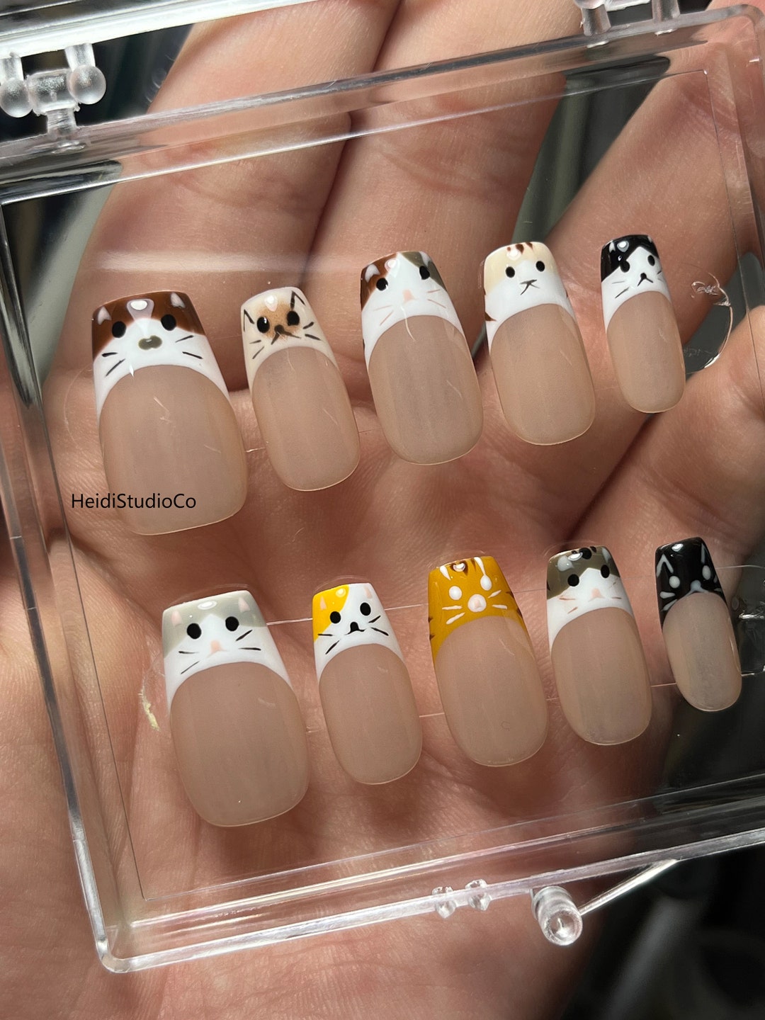 Cute Cat French Pet Press on Nails, Kitten Fake Nails, Luxury Hand-made ...