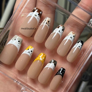 Cute Cat French Pet Press on Nails, Kitten Fake Nails, Luxury Hand-made ...
