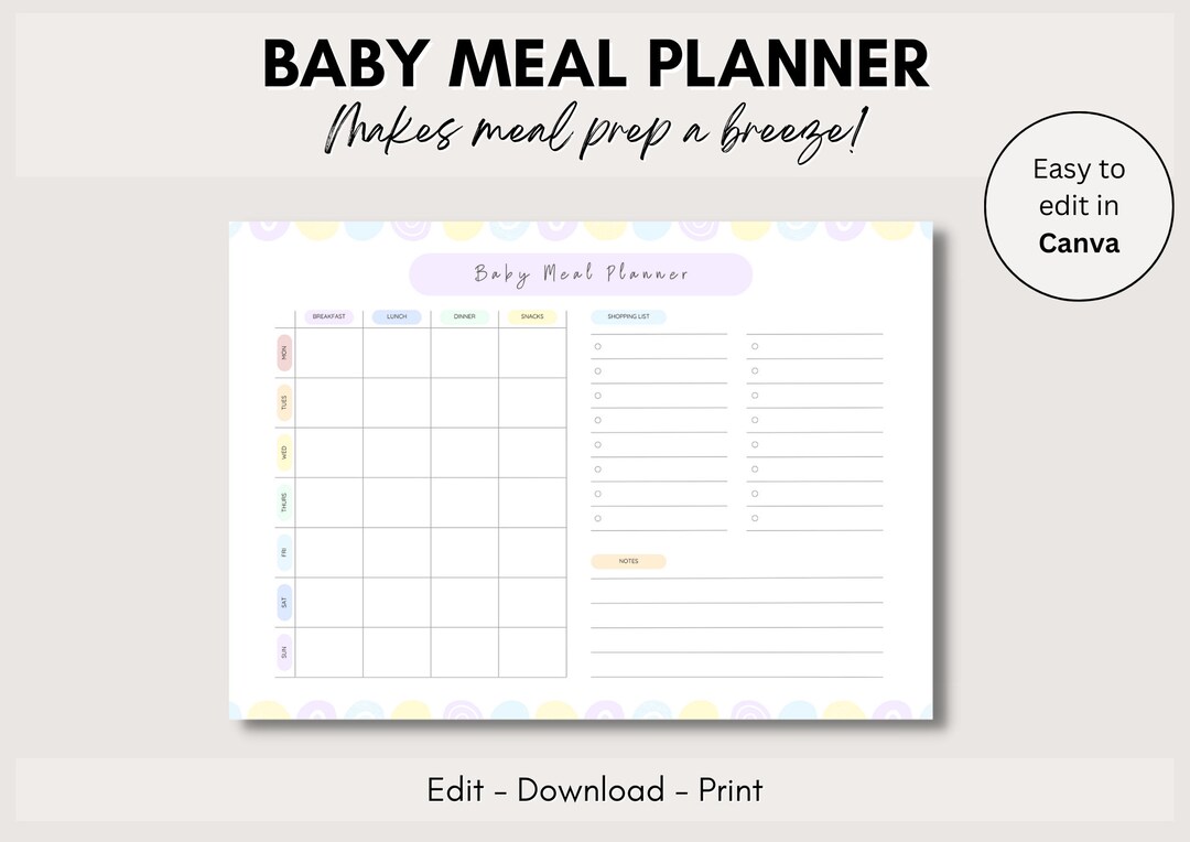 Baby Weekly Meal Planner Template, Editable Template, Shopping List ...