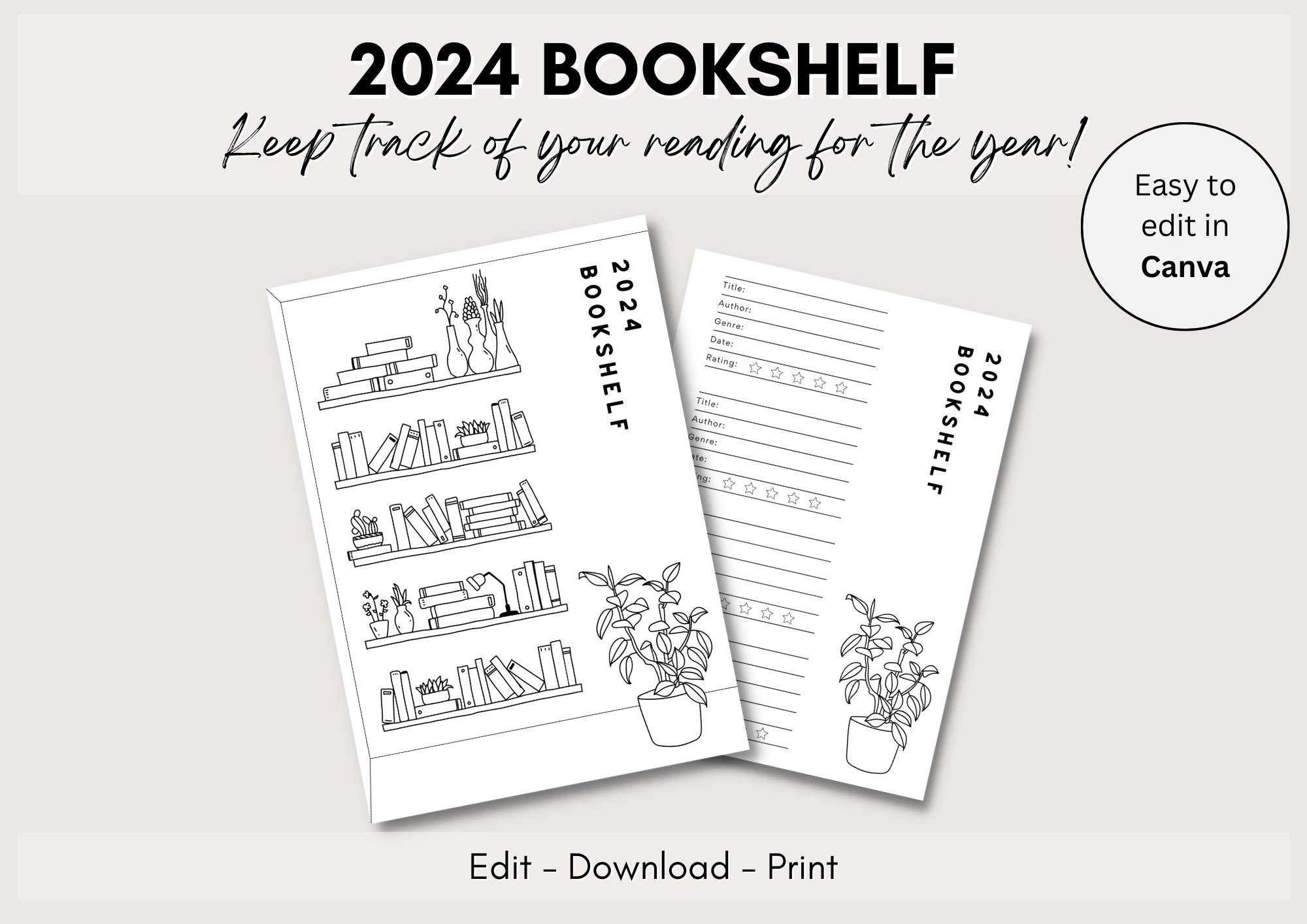 Minimal Bookshelf Printable Template, 2024 Books to Read, Books I've ...