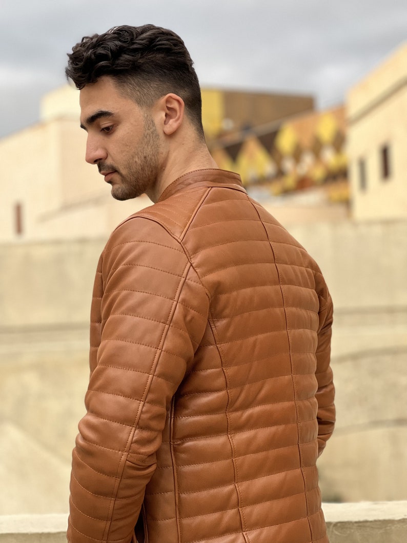 Leather Jacket for Men Camel Motorcycle Bomber Biker Genuine Lambskin ...