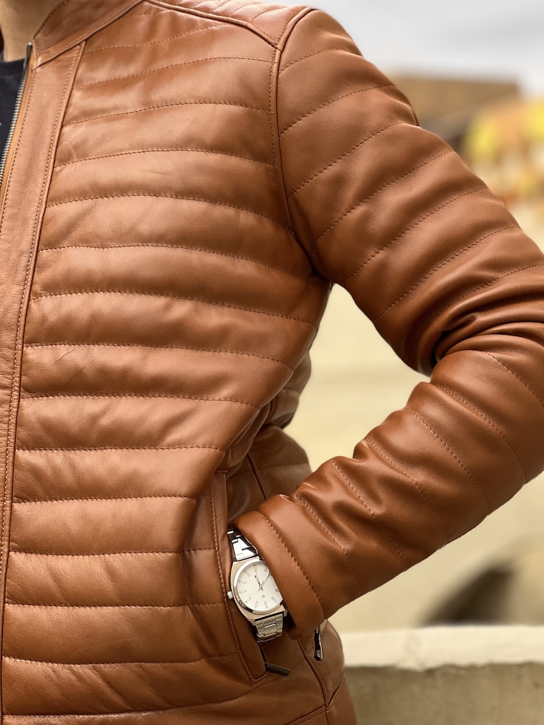 Leather Jacket for Men Camel Motorcycle Bomber Biker Genuine Lambskin ...