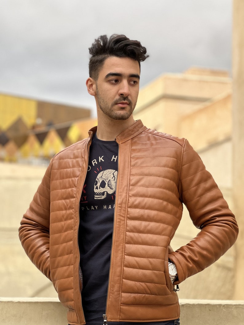 Leather Jacket for Men Camel Motorcycle Bomber Biker Genuine Lambskin ...