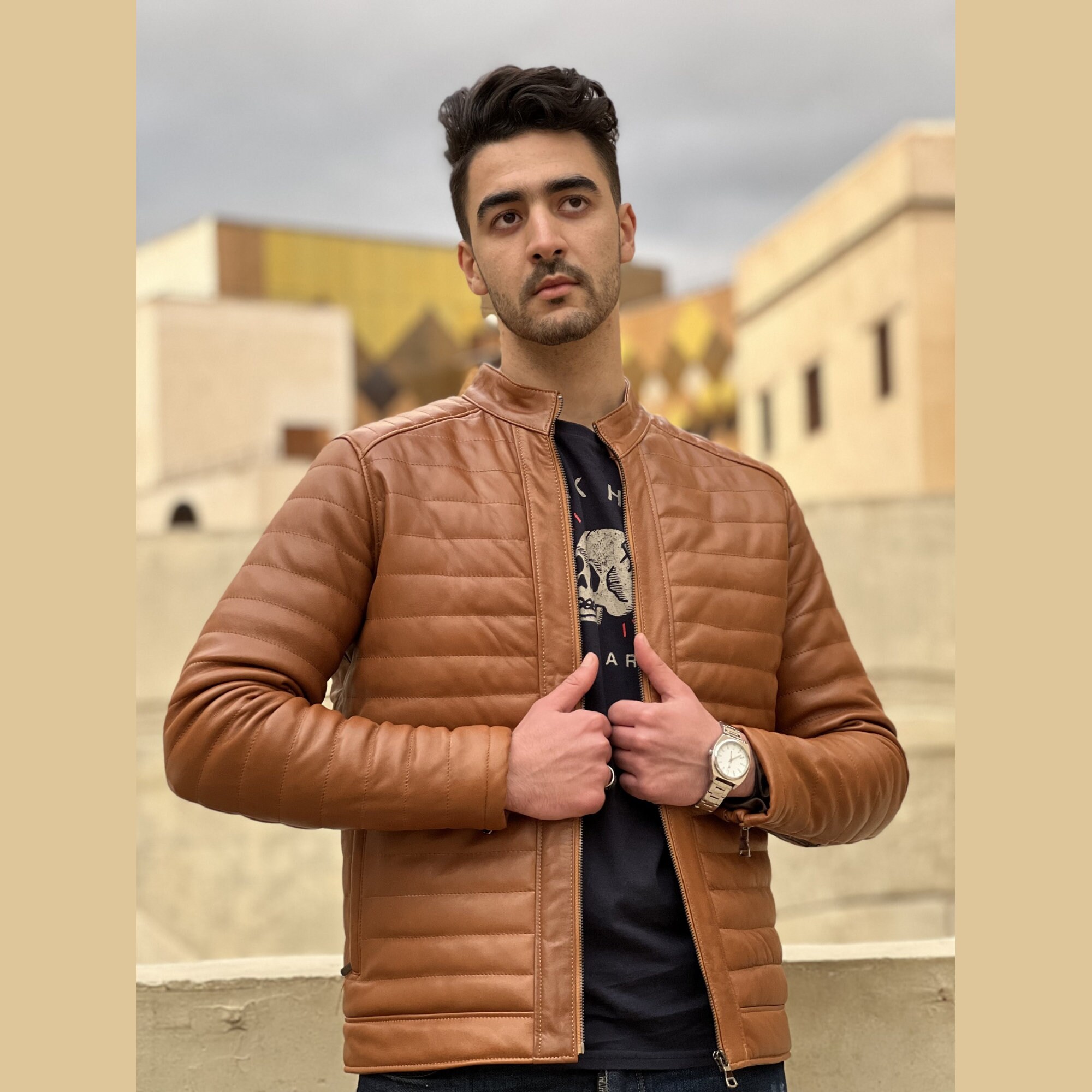 Leather Jacket for Men Camel Motorcycle Bomber Biker Genuine Lambskin ...