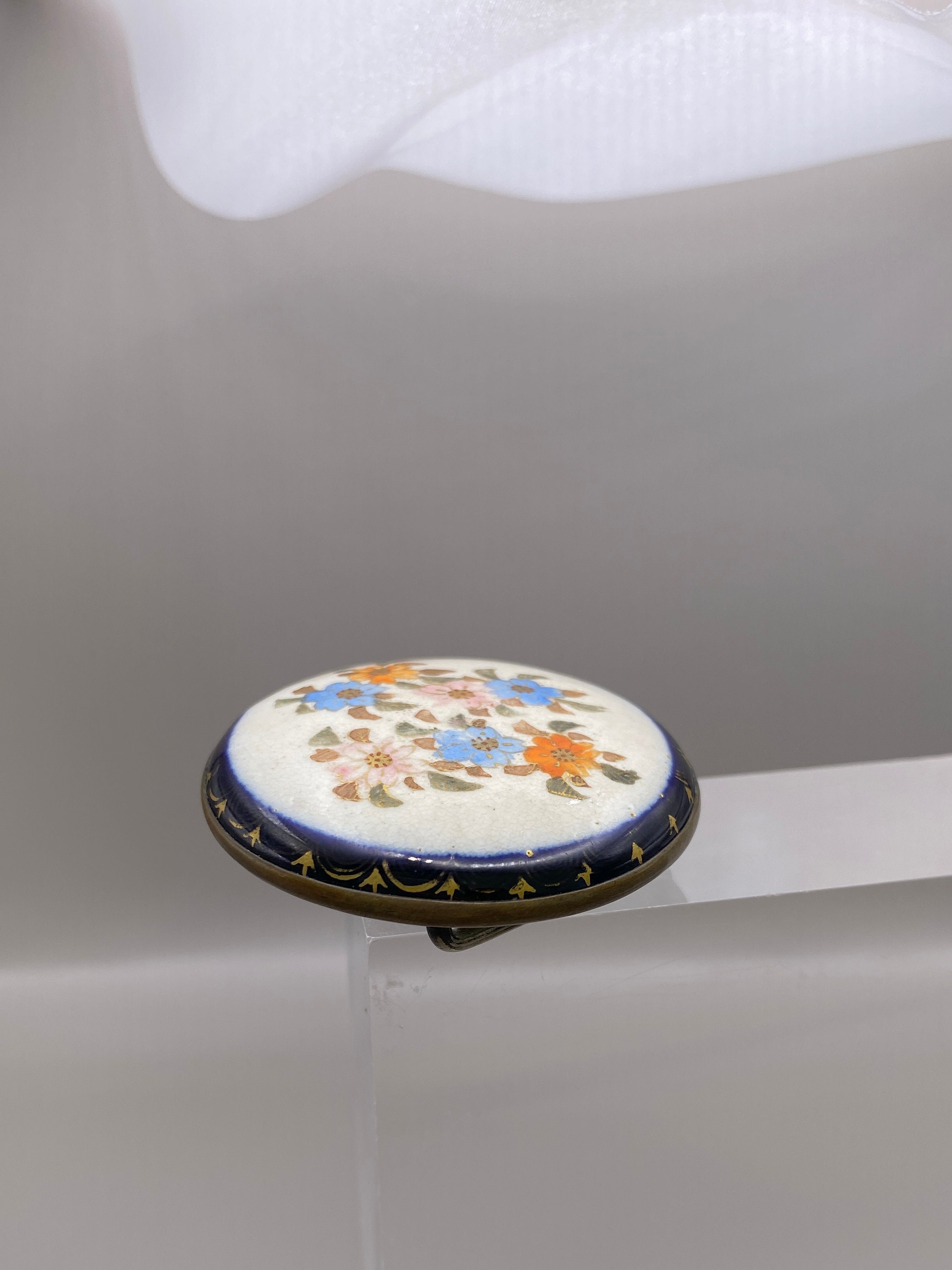 Antique Japanese Satsuma Ware Gold Cobalt Blue Floral Round Belt Buckle ...
