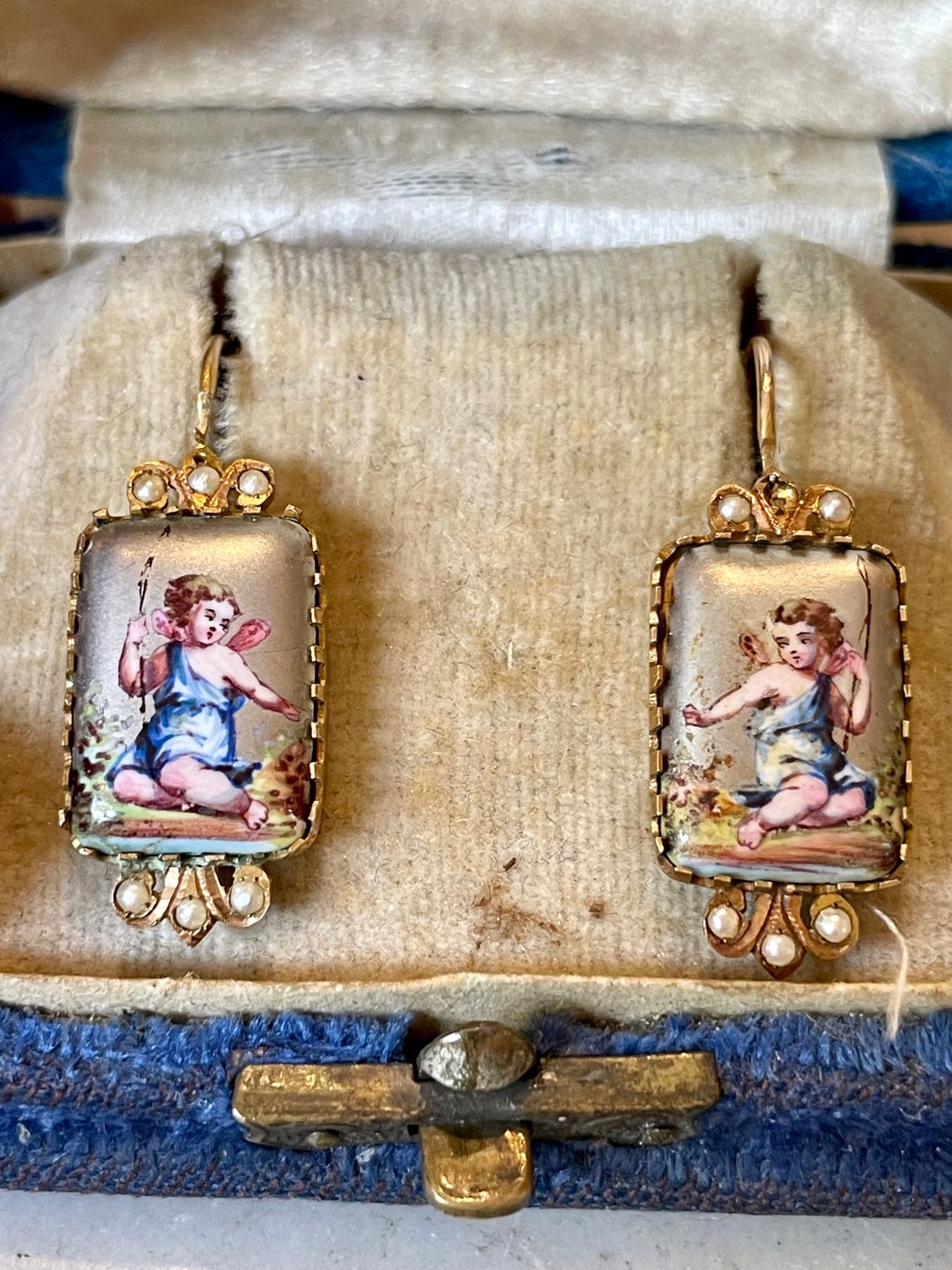Stunning Georgian Earrings Whit Lovely Putti, Painted Miniature, Gold ...