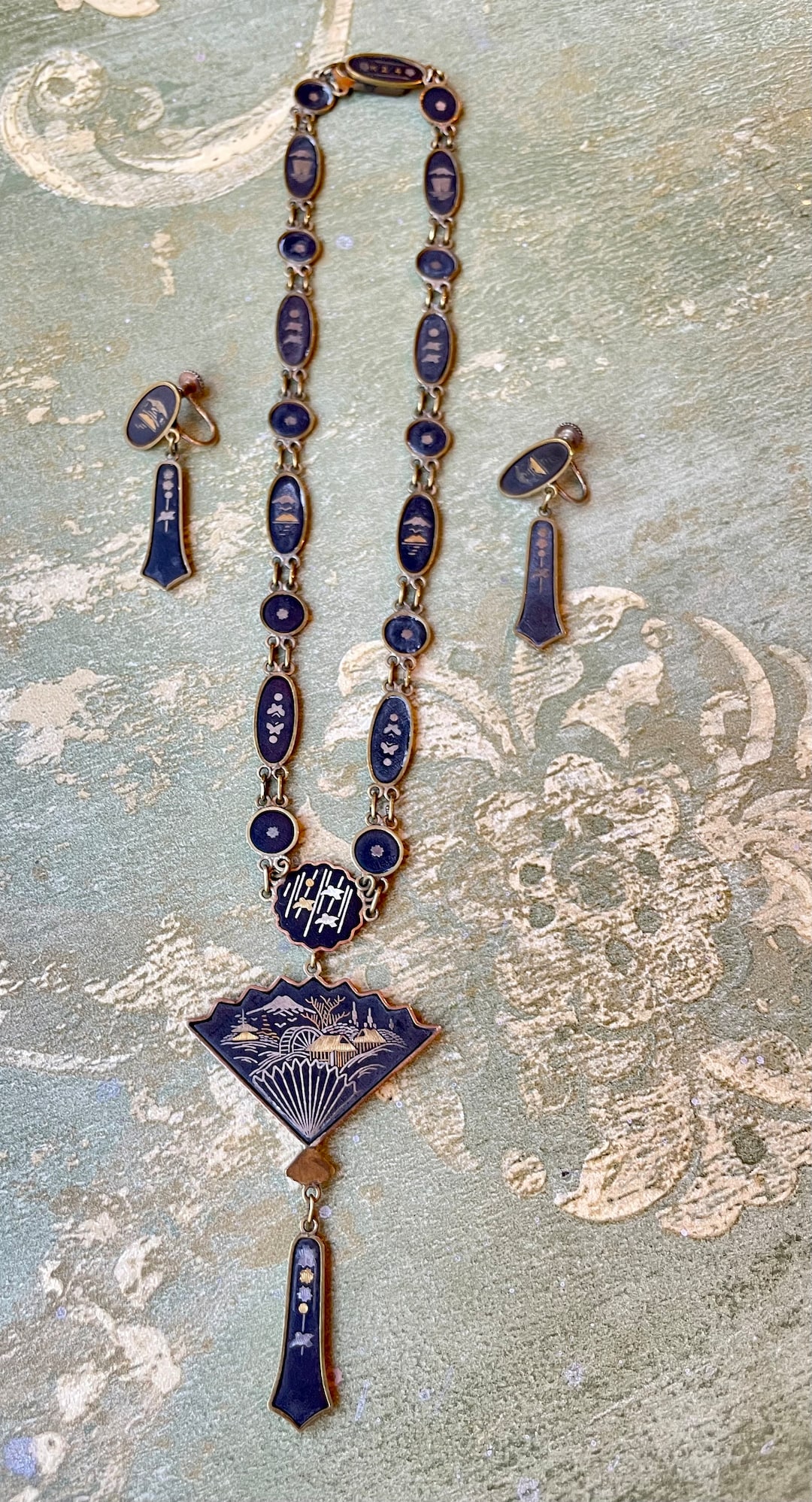 Stunning Japanese Shakudo Style Set in Niello and Golden Decorations ...