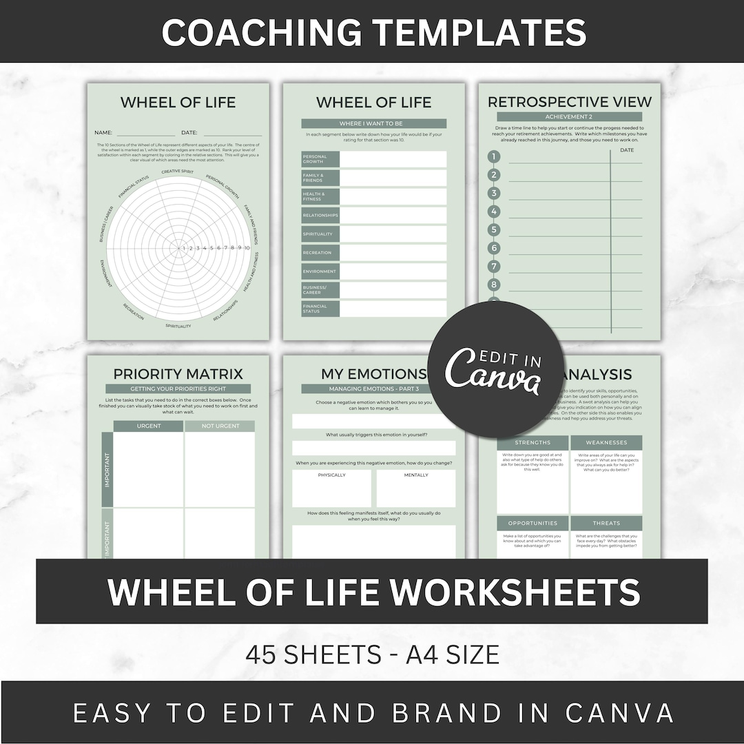 Wheel of Life Coaching Worksheets | 45 Canva Templates | A4 Self ...