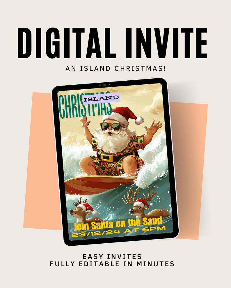 Island Christmas Invite, Beach Party, Beach Christmas, Santa Surfing ...